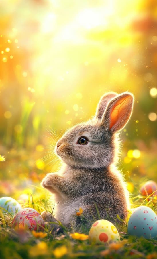 Amid a Lively Scene of Easter Eggs and Blooming Flowers, a Rabbit Sits ...