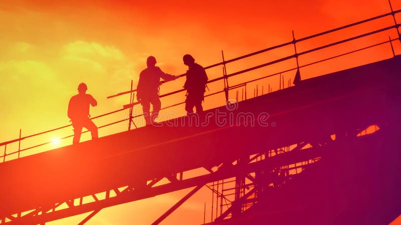 Amid a Stunning Red and Yellow Gradient Sky, Construction Workers ...