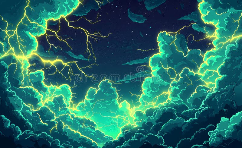 Amid a Turbulent Night Sky, a Vivid Green Storm Cloud Glows with Lightning Flashes. Stock Image ...
