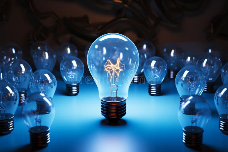 Amidst Blue Bulbs, the Illuminated Lamp Exemplifies Strategic Problem ...