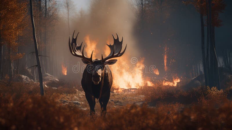 Amidst the Chaos, a Moose Navigates the Burning Forest Stock Image ...
