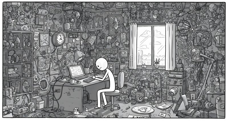 Overwhelmed by Clutter: a Cartoon Depiction of a Busy Room Stock ...