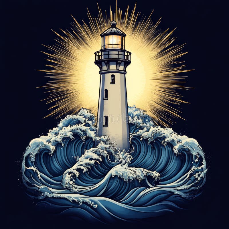 Amidst the Churning Ocean, a Fearless Lighthouse Rises High, Casting a ...