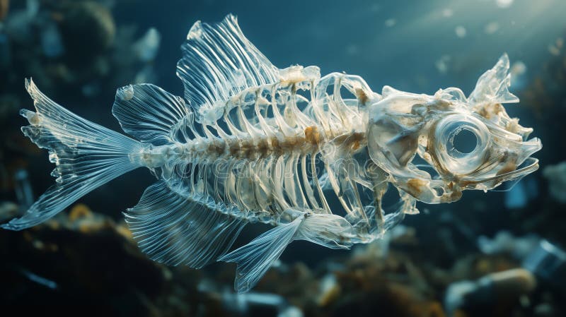 Skeleton of a Fish Surrounded by Plastic Waste in Ocean Depths Stock ...