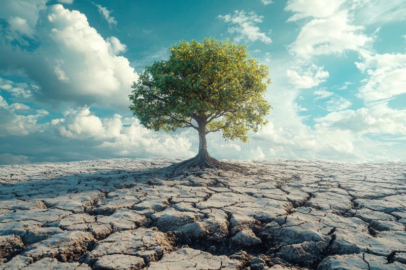 Amidst the Desolate Terrain, a Lone Tree Stands Tall, Representing the ...