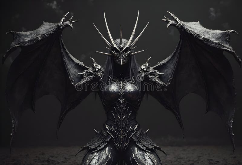 Powerful Dark Warrior with Imposing Wings and Eerie Armor Stands in a ...