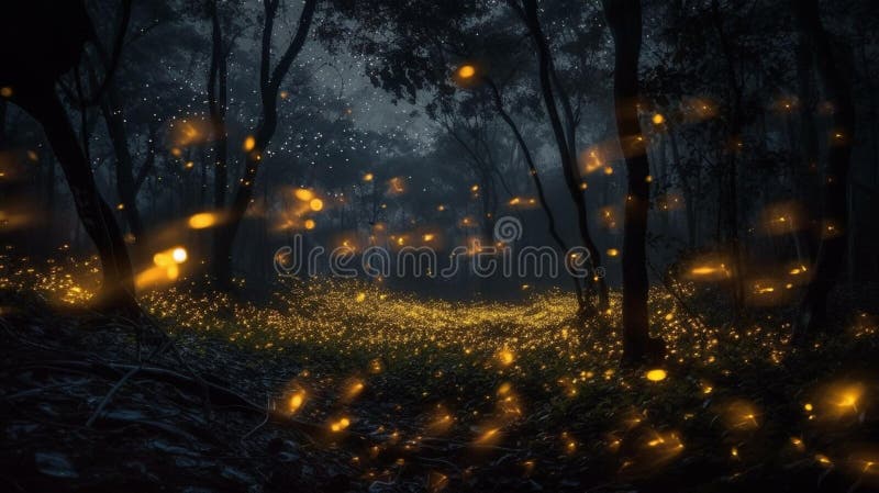 Firefly Glow in a Forest at Night Stock Illustration - Illustration of ...
