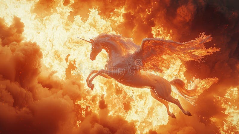 Amidst Fiery Clouds, a Mystical Pegasus Glides through the Burning Sky ...