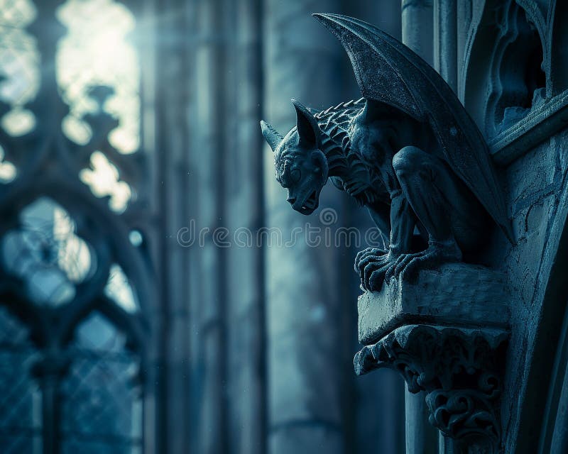 Amidst the Intricate Tracery of a Gothic Window, a Gargoyle Emerges ...
