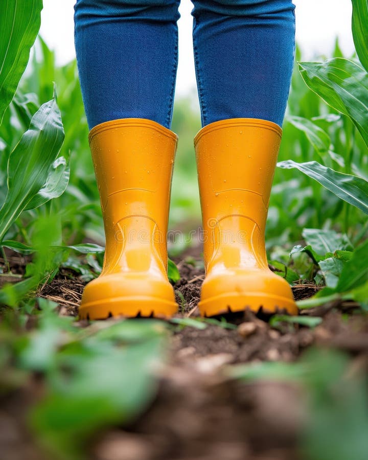 Farmer in Corn Rows, Showcasing Vibrant Yellow Rubber Boots and ...