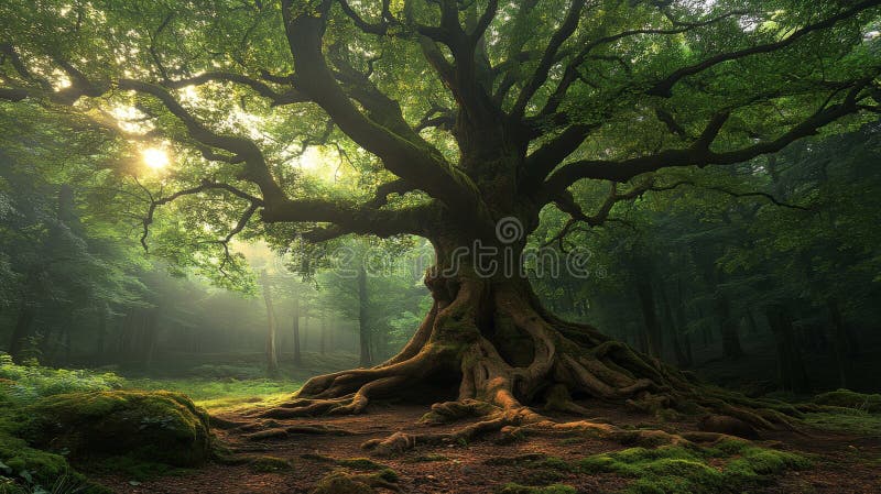 Amidst Misty Greenery, a Single Majestic Ancient Deciduous Tree ...