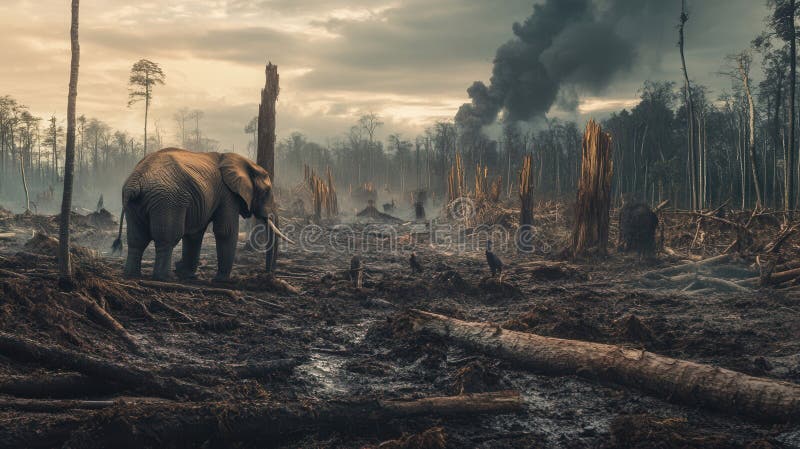 Amidst a Ravaged Forest, an Elephant Stands Alone, Surrounded by Smoke ...