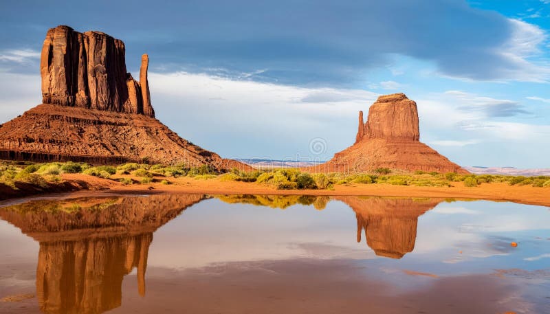 The Two Towers in Arizona Desert Reflected in a Lake Below Stock ...