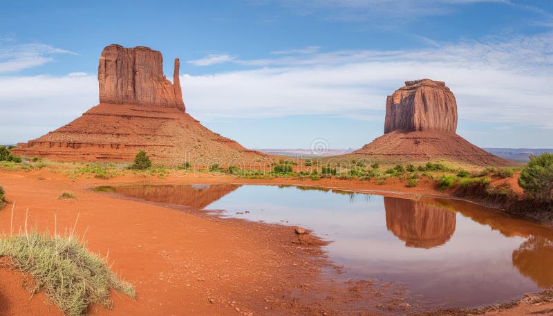 The Two Towers in Arizona Desert Reflected in a Lake Below Stock ...