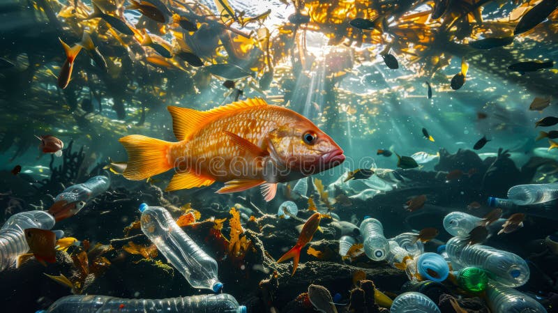 Amidst the Trash: Marine Life at Risk. Generated by AI. Stock ...