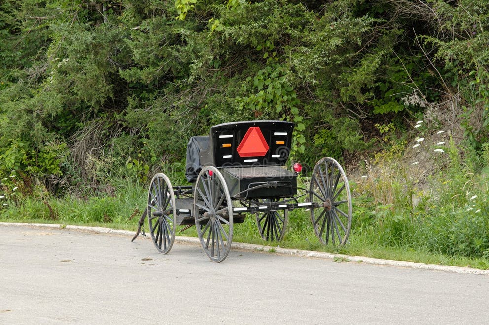 Amish Buggy, Hack, with a Caution Sign Parked on the Side of the Road ...