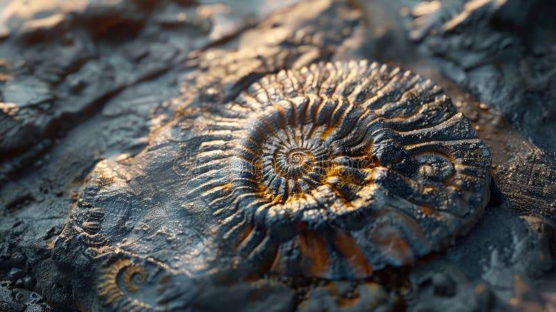 Close-up Image of an Ammonite Fossil Embedded in Rock, Showcasing ...