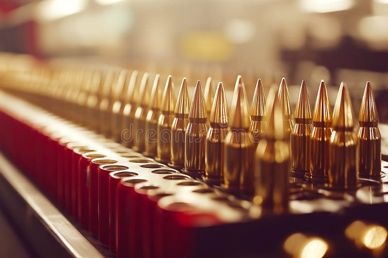 Ammunition Assembly Line with Bullets, Shallow Depth of Field Stock ...