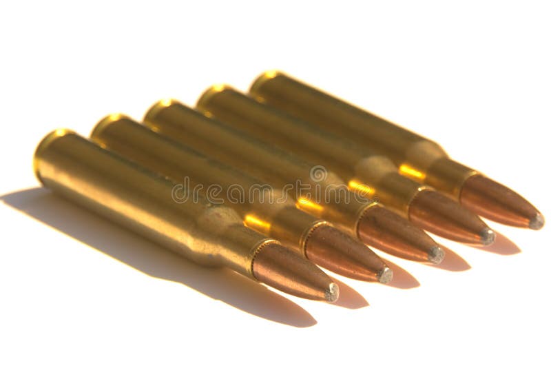 Five 9mm bullets on white stock image. Image of ammunition - 11150207