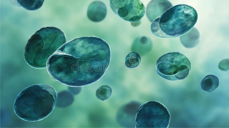 Amoeba-like Cells Float in a Teal Liquid, Rendered with 3D and Soft ...