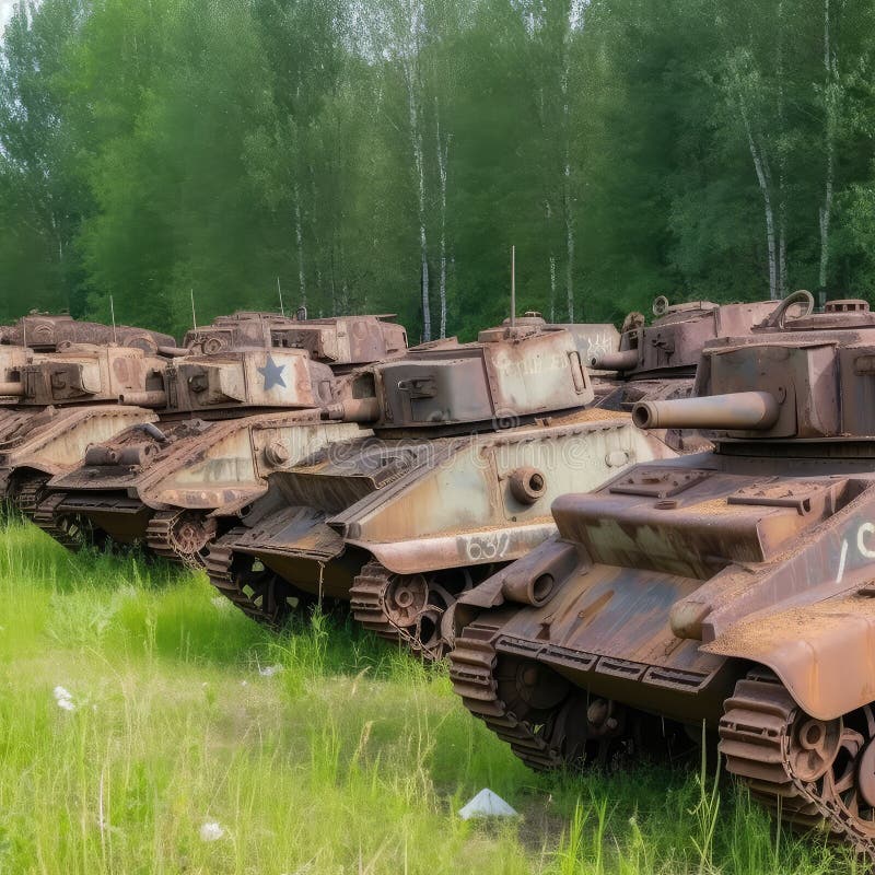 Amount of Old Rusty Abandoned Crashed Panzers Standing in Summer Meadow ...