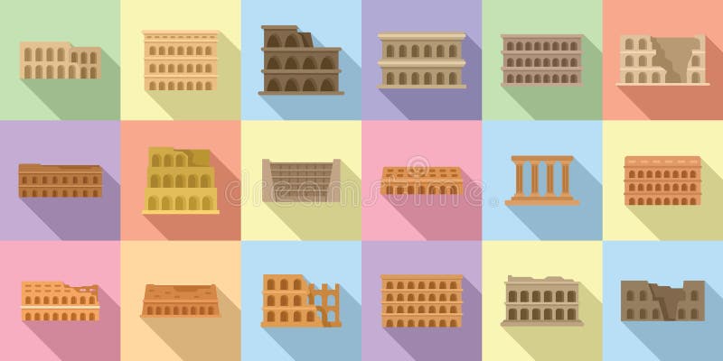 Amphitheater Icons Set Flat Vector. Arena Ancient Stock Vector ...