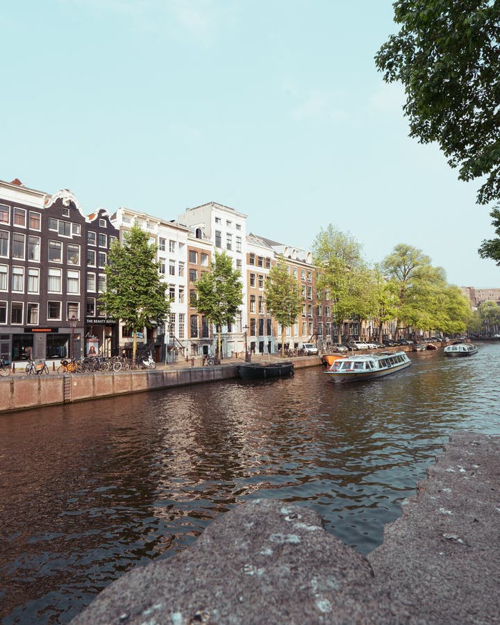 Amsterdam Canal Boats Passing the River Editorial Stock Photo - Image ...