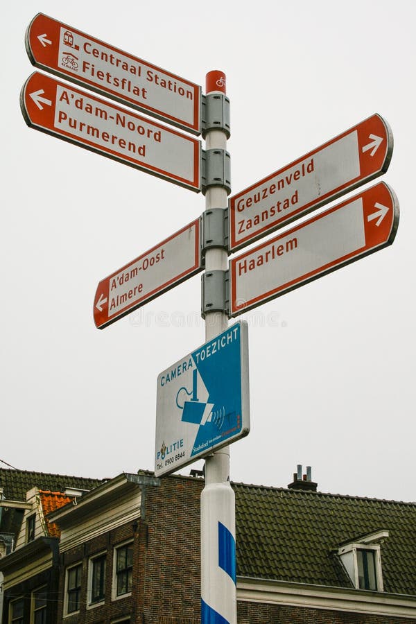 Vertical Sign Indicating Directions and Places of Interest in Amsterdam ...