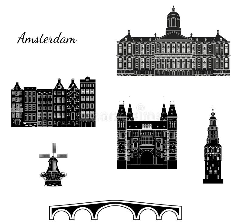 Amsterdam landmarks set stock vector. Illustration of monochrome ...