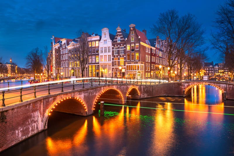 Amsterdam, Netherlands Bridges and Canals Stock Image - Image of lights ...