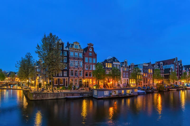 Amsterdam Netherlands, Night City Skyline at Canal Stock Image - Image ...
