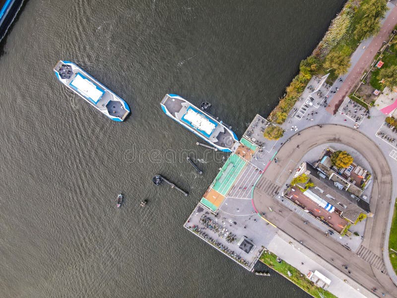 Amsterdam, the Netherlands, 31 October 2020 Aerial of Amsterdam Ferries ...