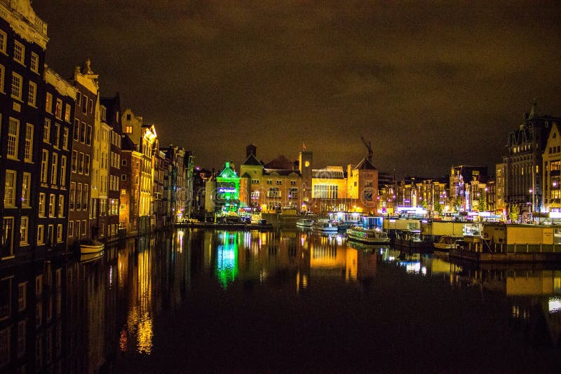 Amsterdam night city scene editorial stock image. Image of scene - 56856729