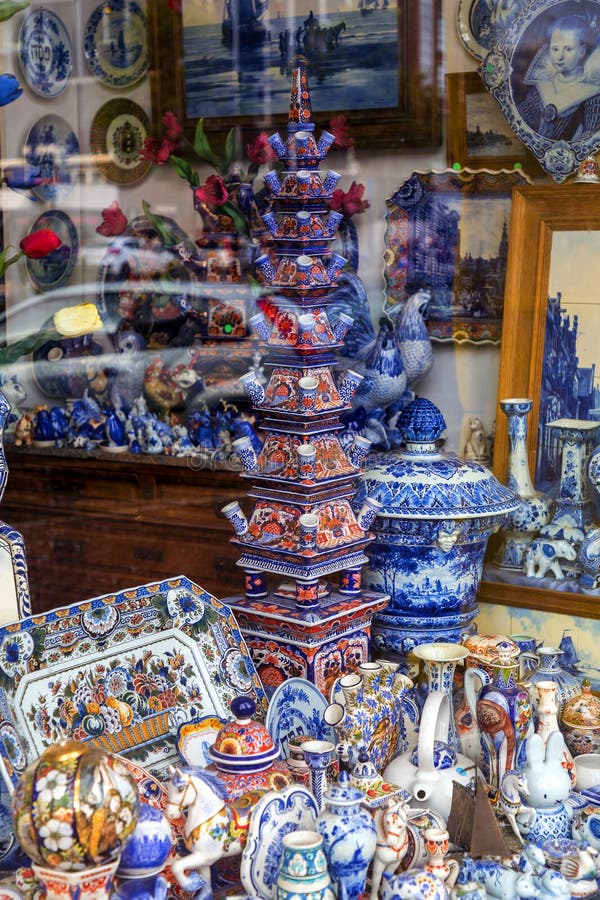 Traditional Delftware Pottery Objects Displayed at a Ceramic Shop in ...
