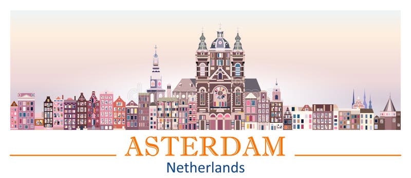 Amsterdam Skyline in Bright Color Palette Vector Illustration Stock ...