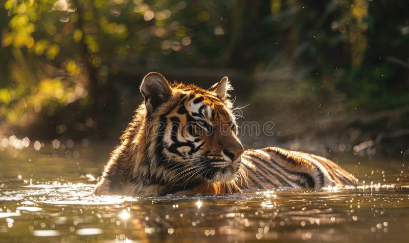 An Amur Tiger Bathing in a Shallow Stream Stock Photo - Image of jungle ...