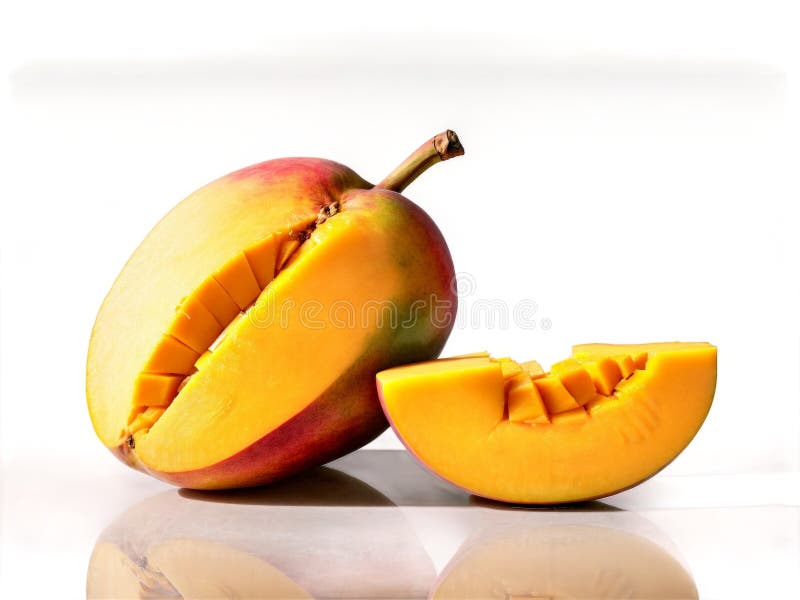 Amused Mango with Raised Eyebrows Sliced Open with Cube Pieces Tumbling ...