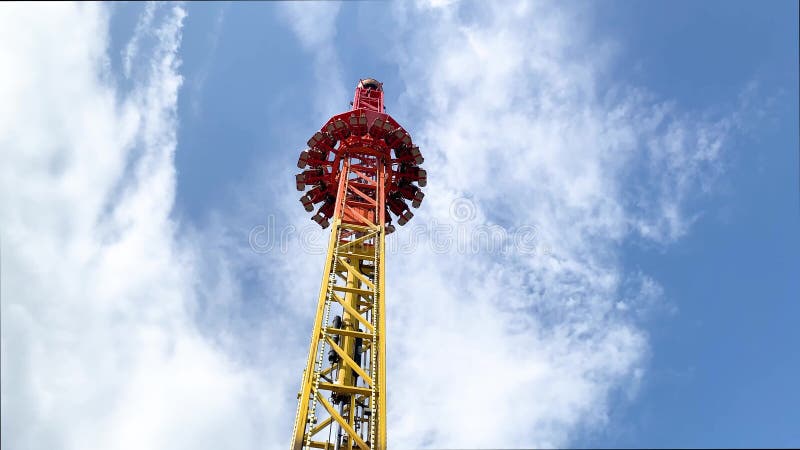 Amusement Park, Attraction with Free Fall Tower. Stock Footage - Video ...