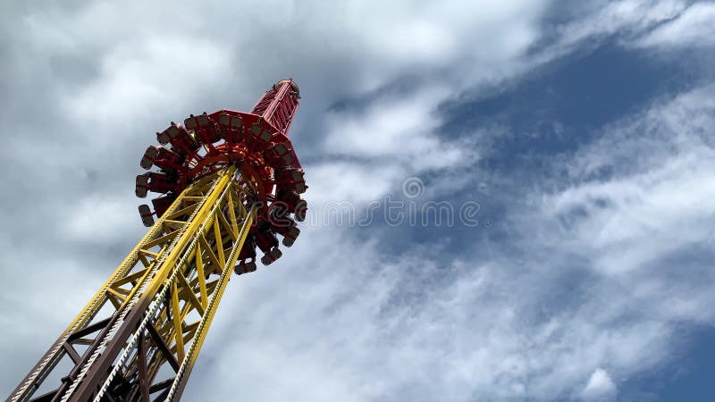 Amusement Park, Attraction with Free Fall Tower. Stock Video - Video of ...
