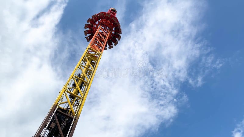 Amusement Park, Attraction with Free Fall Tower. Stock Video - Video of ...