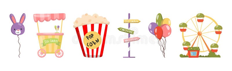 Amusement Park Elements with Balloon, Ice Cream Stall, Popcorn and ...