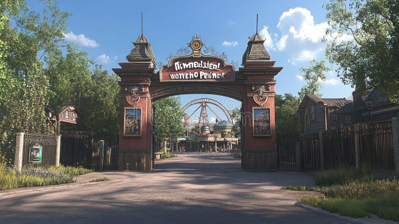 Amusement Park Entrance with Rides and Greenery Stock Illustration ...