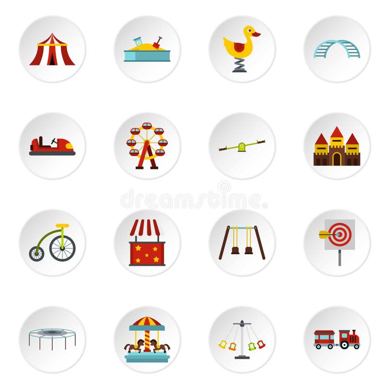 Amusement Park Icons Set, Flat Style Stock Vector - Illustration of ...