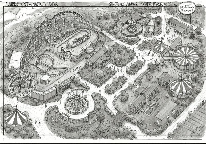 Amusement Park Layout in Black and White Illustration. Features a Large Roller Coaster Stock ...