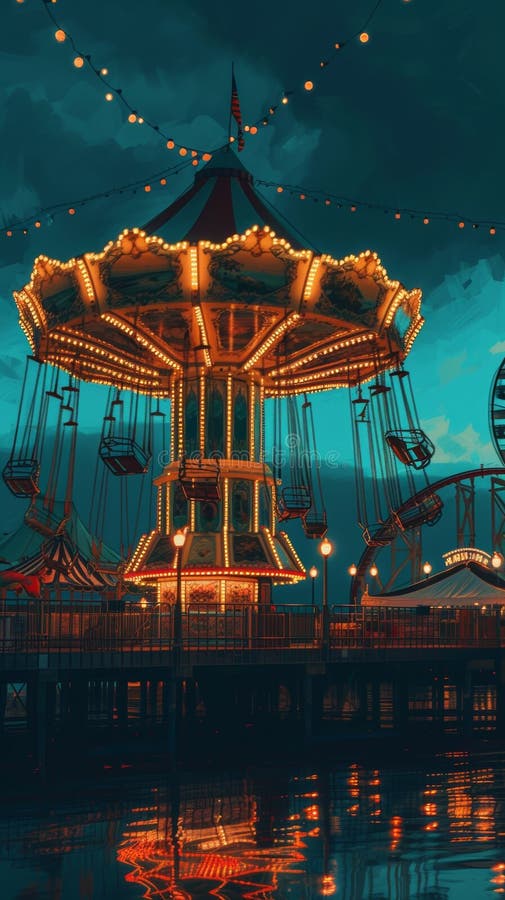 An Amusement Park with Rides on a Beach, in the Style of Punk Rock ...