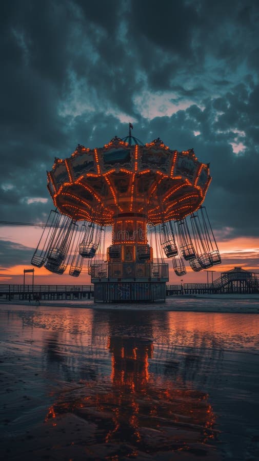 An Amusement Park with Rides on a Beach, in the Style of Punk Rock ...