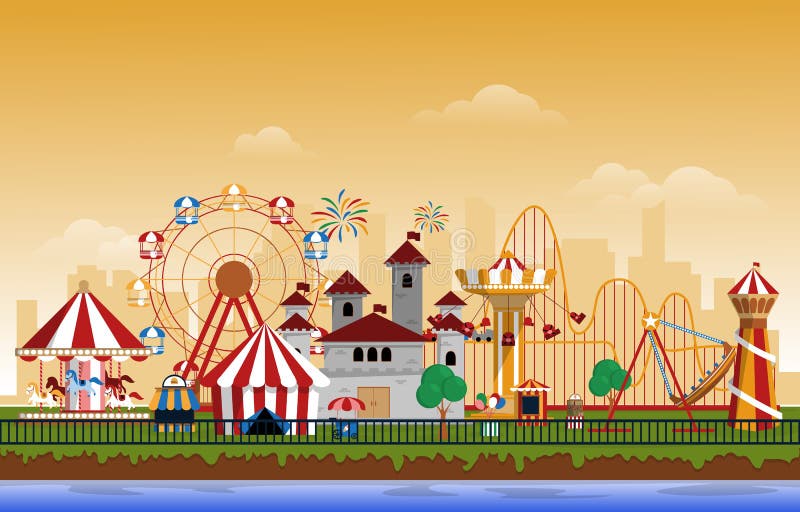 Amusement Park Rides Fun Fair Carnival Flat Vector Illustration Stock ...