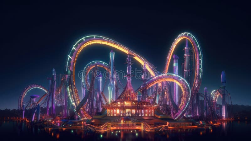 Amusement Park with Roller Coaster at Night with Bright Colorful Neon ...