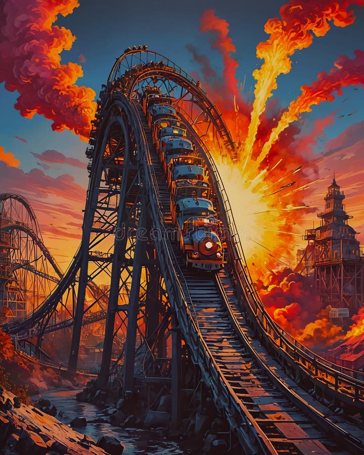 Amusement Park with Rollercoaster at Sunset, Illustration. Stock ...
