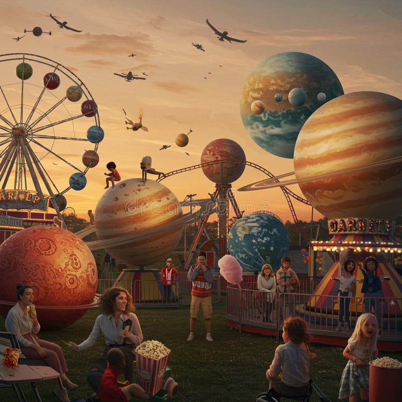 Amusement Park Scene with Giant Planet-themed Attractions, Including a Roller Stock Illustration ...
